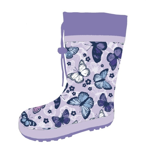 Kids purple butterfly rubber rain boot welly with cuff